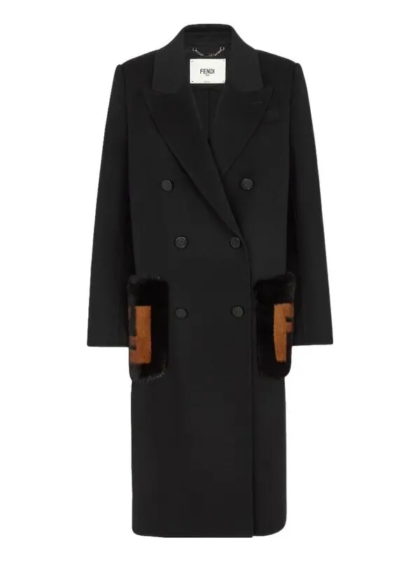 Fendi Double Breasted Trench Coat With Fur Pockets - Black
