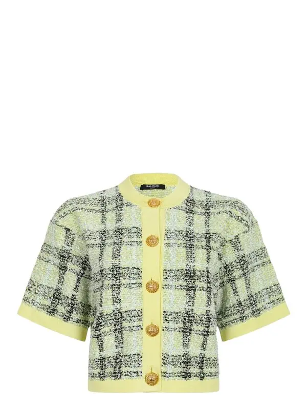 Balmain Buttoned Check Tweed Cardigan - Light Green And Light Yellow