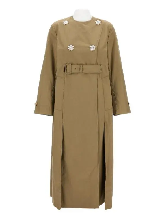 Simone Rocha Round Neck Belted Coat With Beaded Floral Detail - Brown