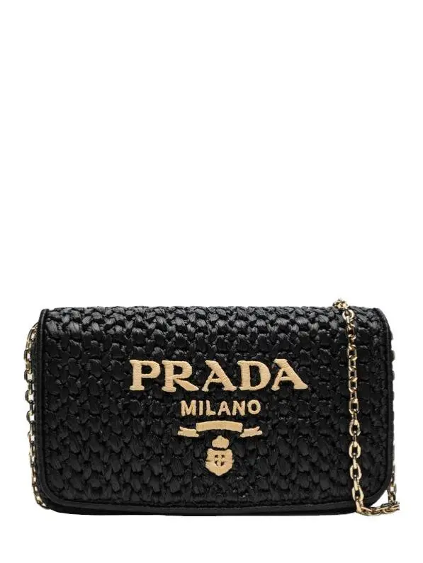 Prada Logo Embroidered Chain Shoulder Bag - Black