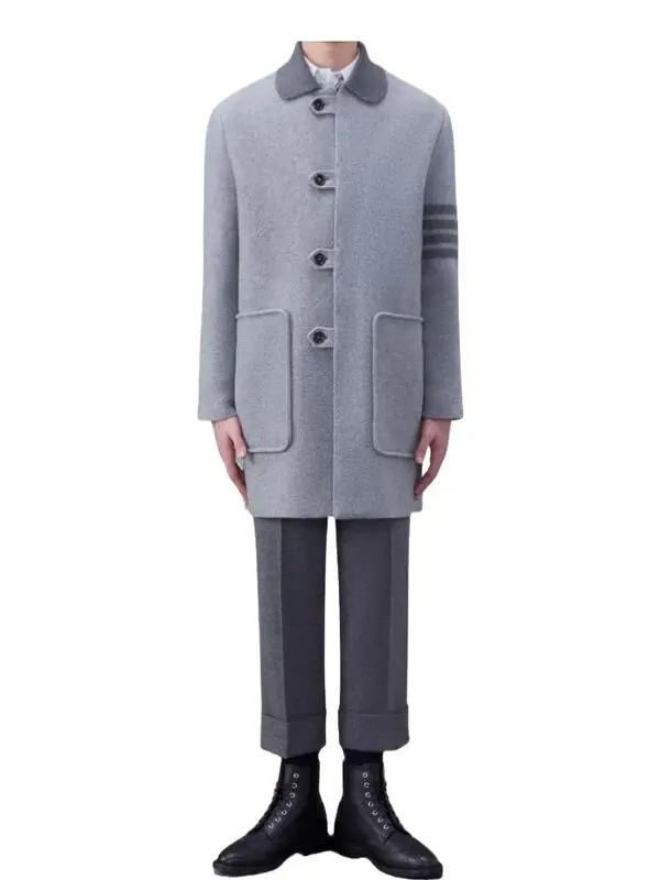 Thom Browne Coat With Stripe Detail And Logo Patch - Light Gray