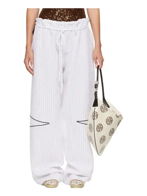 Tory Burch Cotton Baggy Pants With Stripes And Contrast Piping - White