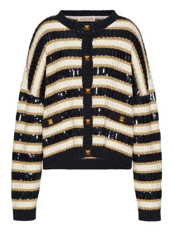 Valentino Garavani Rockstud Striped Sequined Cardigan - Black