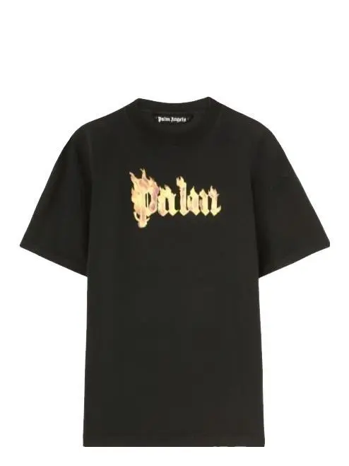Palm Angels Burning Logo Printed Crewneck T-shirt - Black