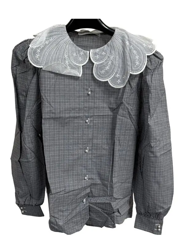 Alessandra Rich Plaid Button-up Shirt With Lace Collar - Gray