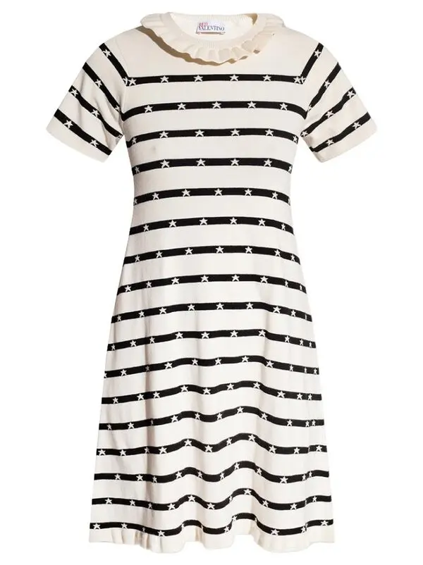Red Valentino Striped Star Dress With Lotus Leaf Collar - White