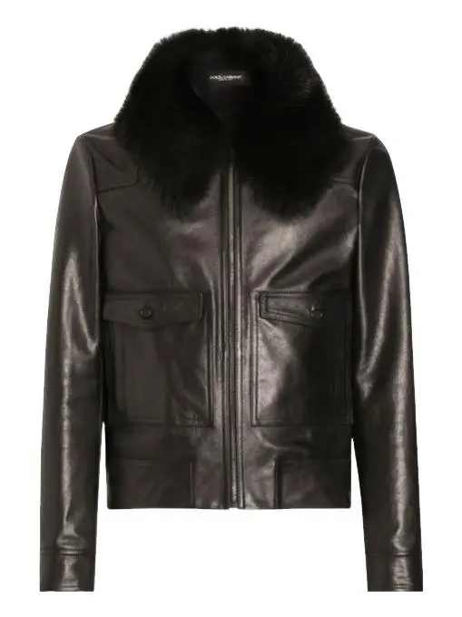 Dolce & Gabbana Leather Fur Collar Zip Jacket - Black