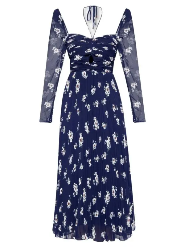 SELF-PORTRAIT Pansy Printed Cut-out Midi Dress - Blue