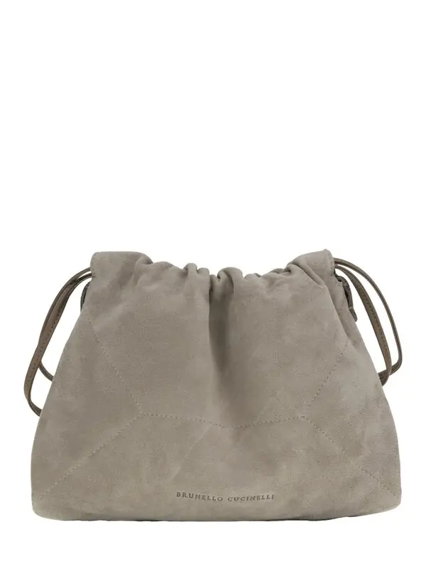 Brunello Cucinelli Gathered Suede Shoulder Bag With Beaded Embellishment - Nude