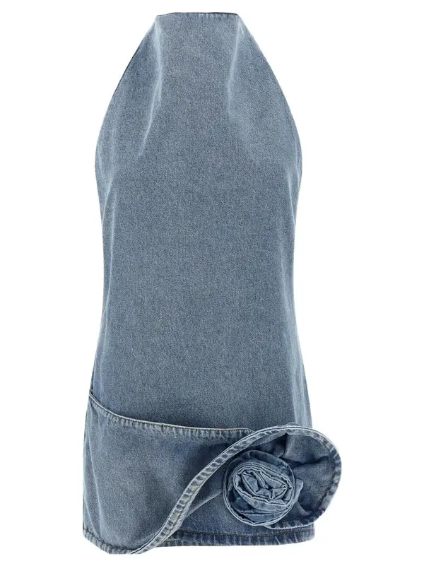 Magda Butrym Sleeveless Denim Dress With Draped Floral Embellishment - Light Blue