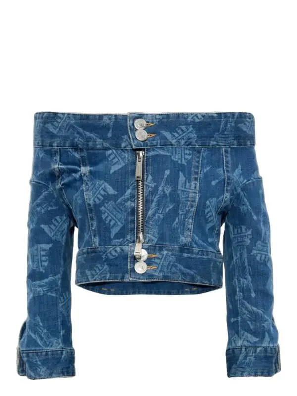 Dsquared2 X Vaquera Off-shoulder Cropped Denim Jacket - Navy Blue