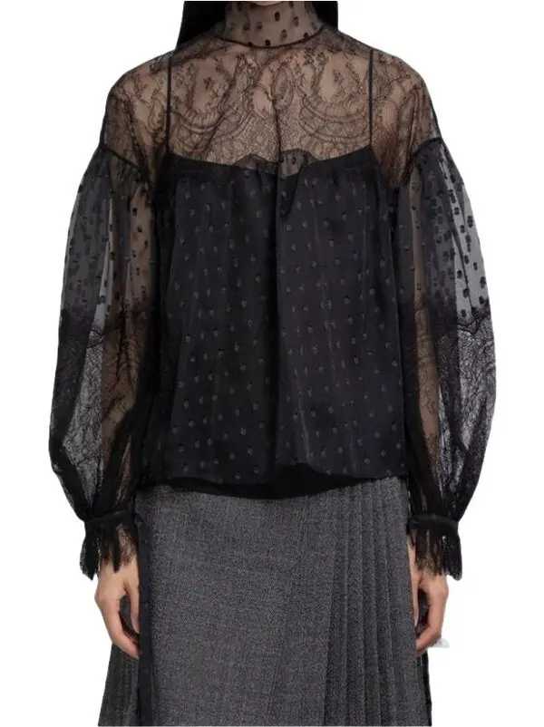 Dior Lace High Neck Long Sleeve Blouse - Black