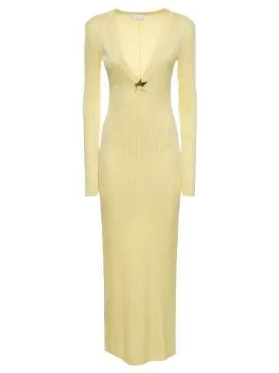 AREA V-neck Long Sleeve Maxi Dress With Rivet Detail - Nude