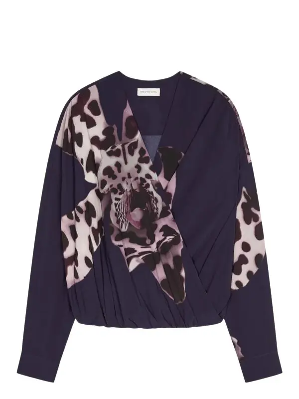 Dries Van Noten Printed V-neck Draped Top - Navy