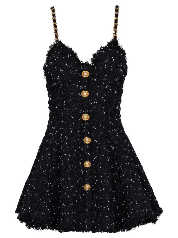 Balmain Strappy Polka-dot Tweed Dress With Heart-shaped Neckline - Black