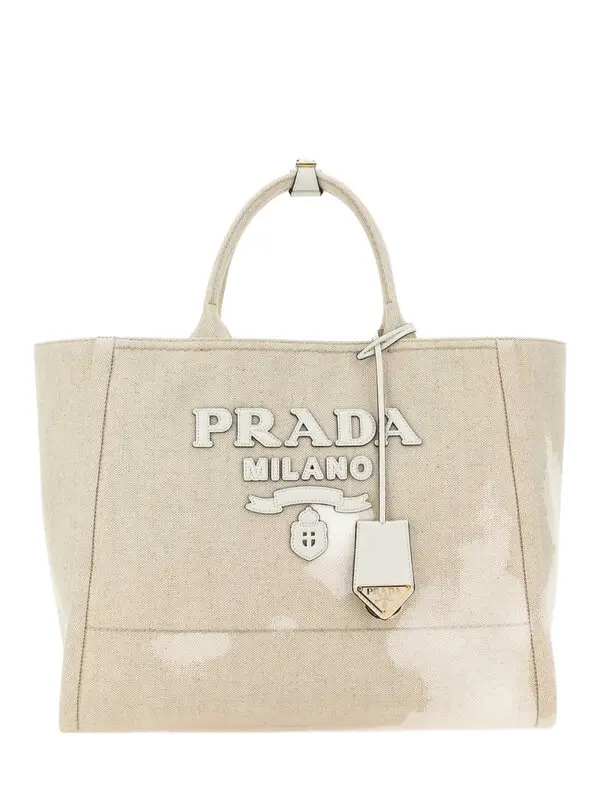 Prada Large Top Handle Bag With Logo Appliqu - Tan / White