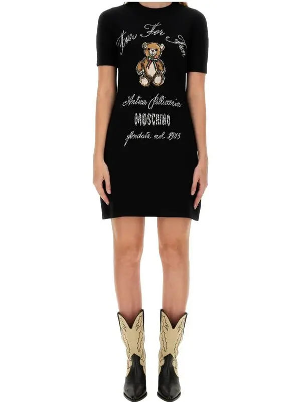 Moschino Short Sleeve Crewneck Logo Dress - Black