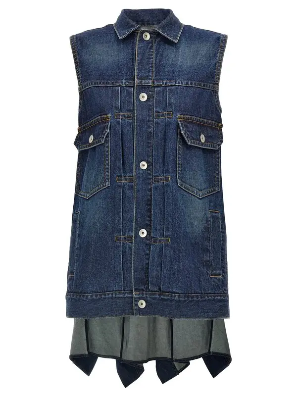 Sacai Sleeveless Denim Dress With Ruffled Appliqu - Blue