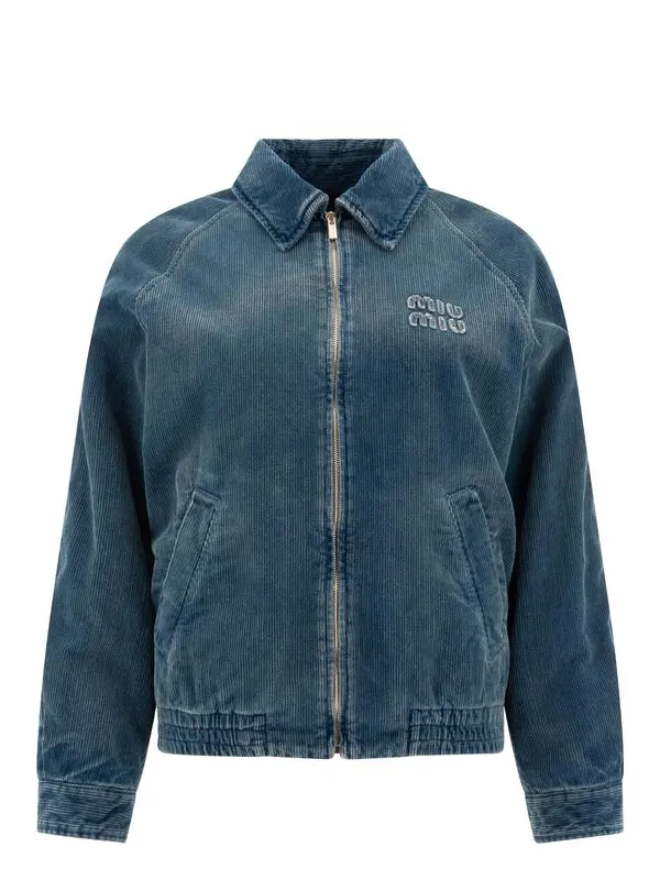 Miu Miu Logo Detailed Zip-up Jacket - Blue