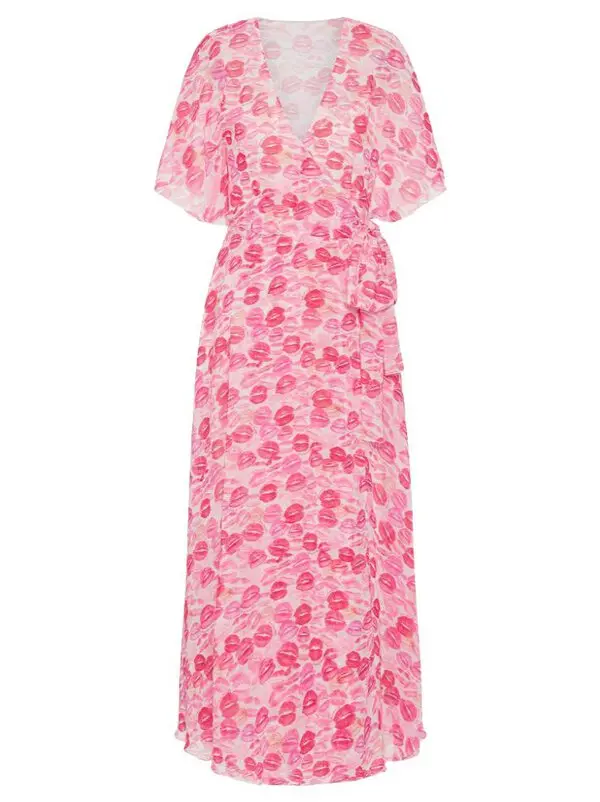 Red Valentino Silk Muslin Lip Print Flutter Sleeve Midi Wrap Dress - Pink