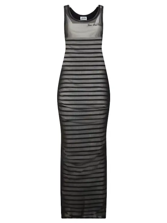 JEAN PAUL GAULTIER Striped Printed Mesh Maxi Dress - Black