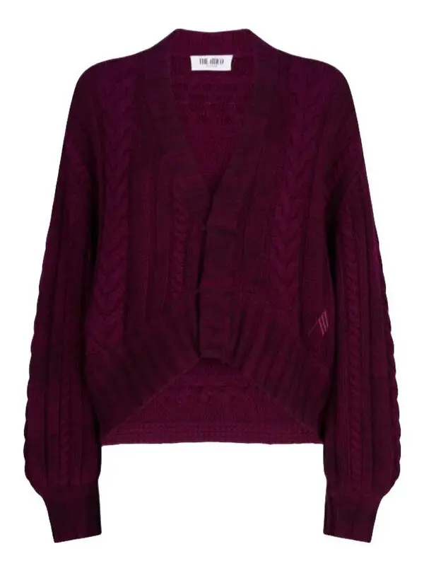 Attico V-neck Cable Knit Sweater With Asymmetric Hem - Burgundy