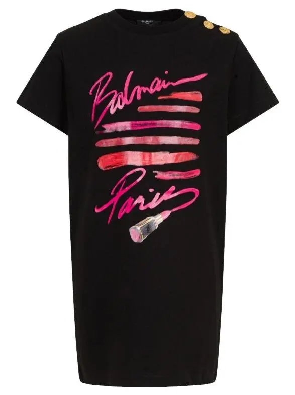 Balmain Short Sleeve Graphic Print Dress - Black