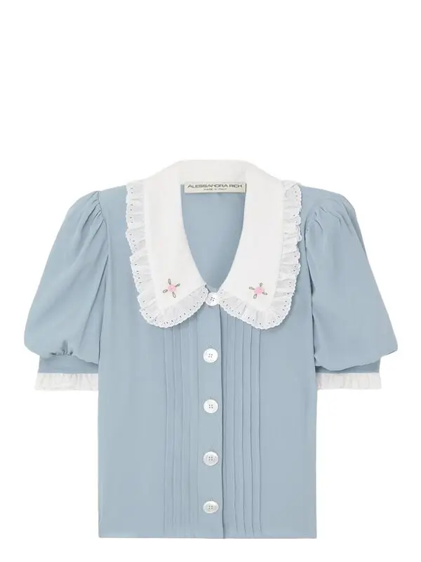 Alessandra Rich Contrast Collar Pleated Shirt - Gray