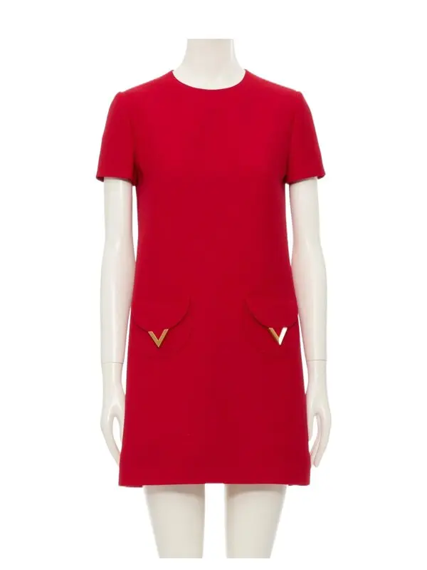 Valentino Garavani V Logo Pocket Short Sleeve Shift Dress - Red