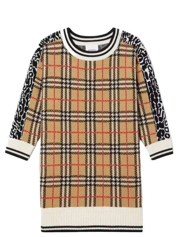 Burberry Check And Leopard Print Knit Dress - Nude