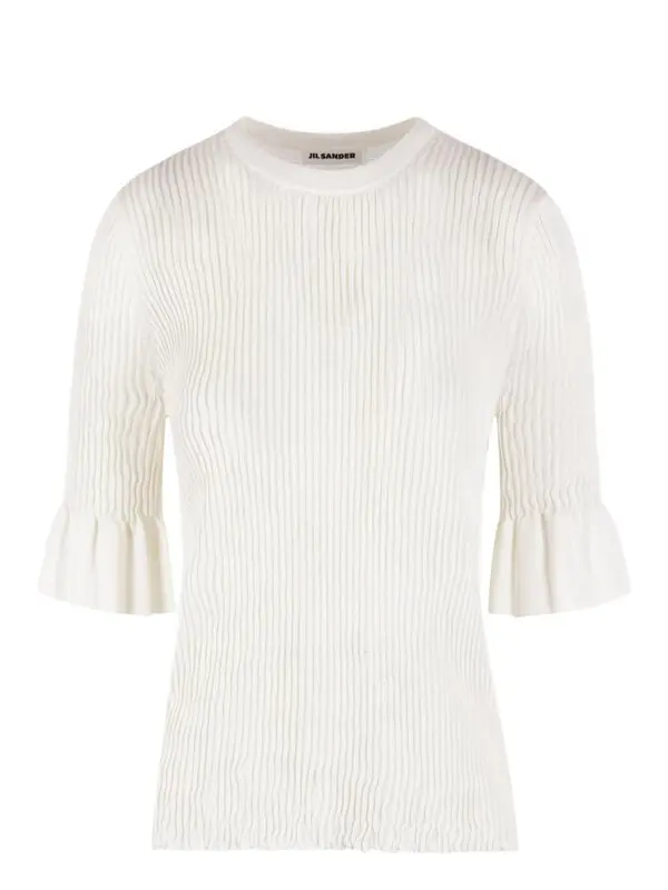 JIL SANDER Ribbed Knit Top With Ruffle Sleeves - White
