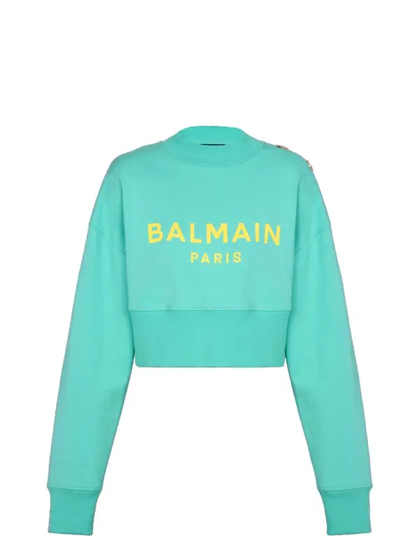 Balmain Logo Printed Crewneck Cropped Sweatshirt - Green