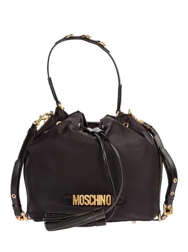 Moschino Plaque Drawstring Bucket Bag - Black
