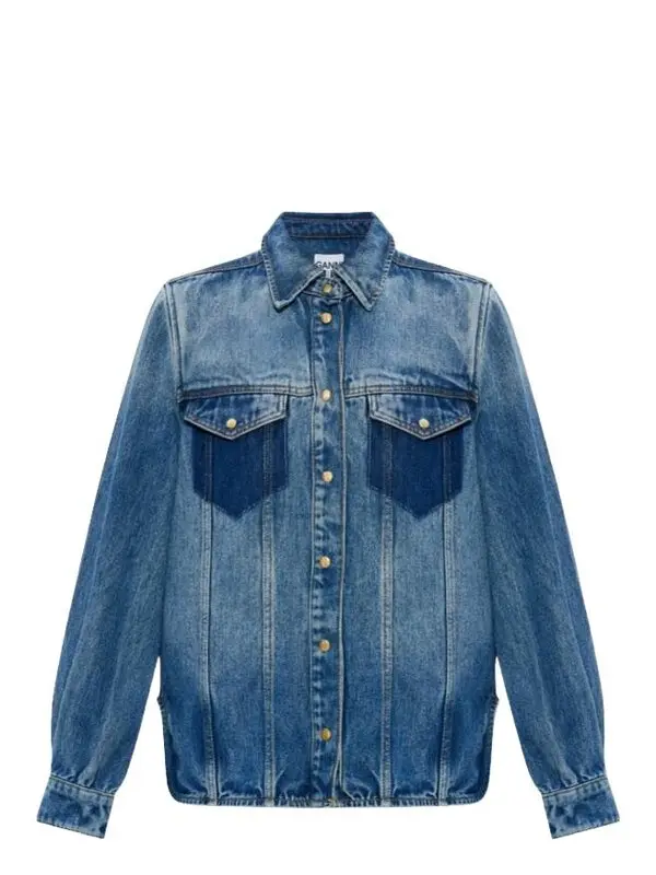 GANNI Collared Long-sleeved Shirt With Chest Pocket - Blue