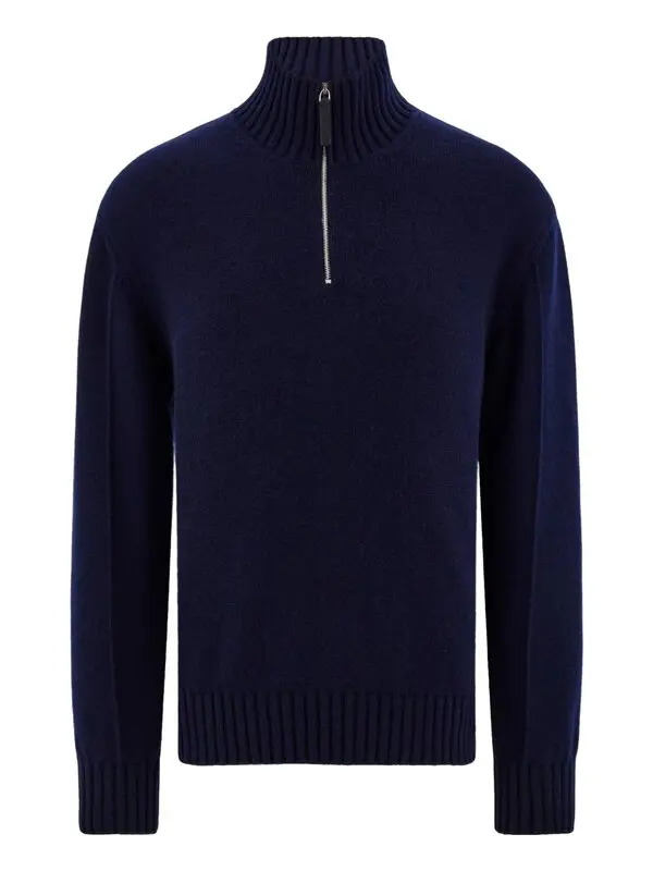 FERRAGAMO High Neck Cashmere Pullover With Zip Detail - Navy Blue
