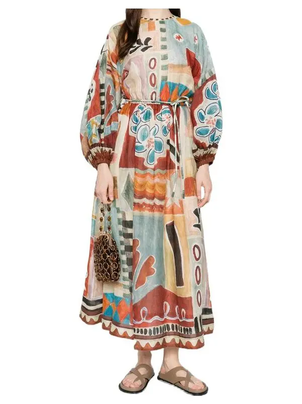 ALEMAIS Patchwork Tie-belt Midi Dress - Nude