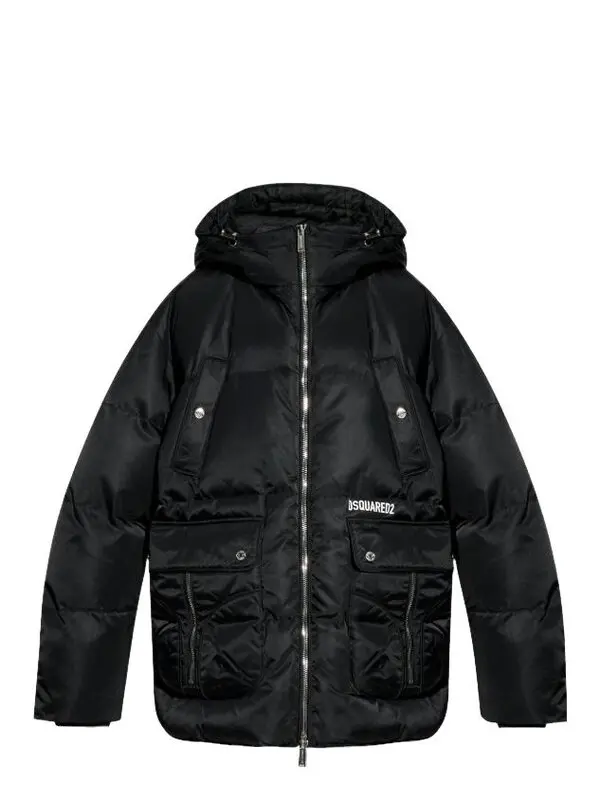 Dsquared2 Logo Printed Quilted Hooded Down Coat - Black