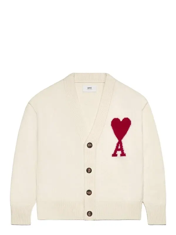 Ami V-neck Knitted Buttoned Cardigan With Logo - White