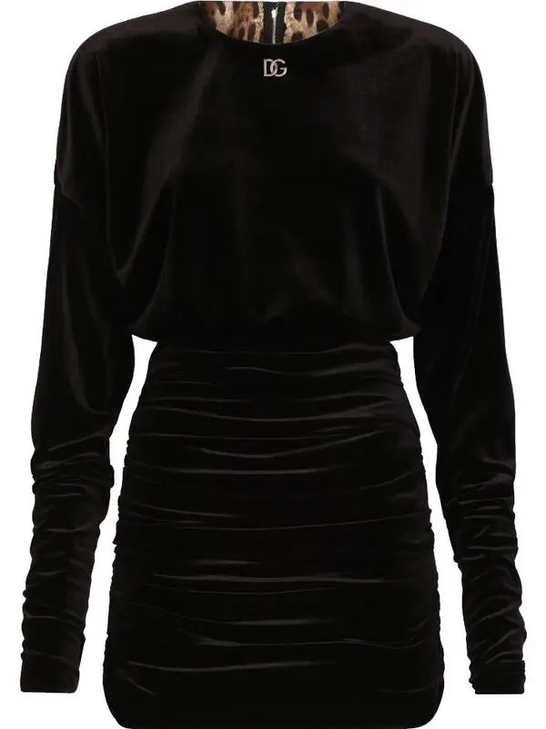 Dolce & Gabbana Ruched Logo Plaque Mini Dress - Black