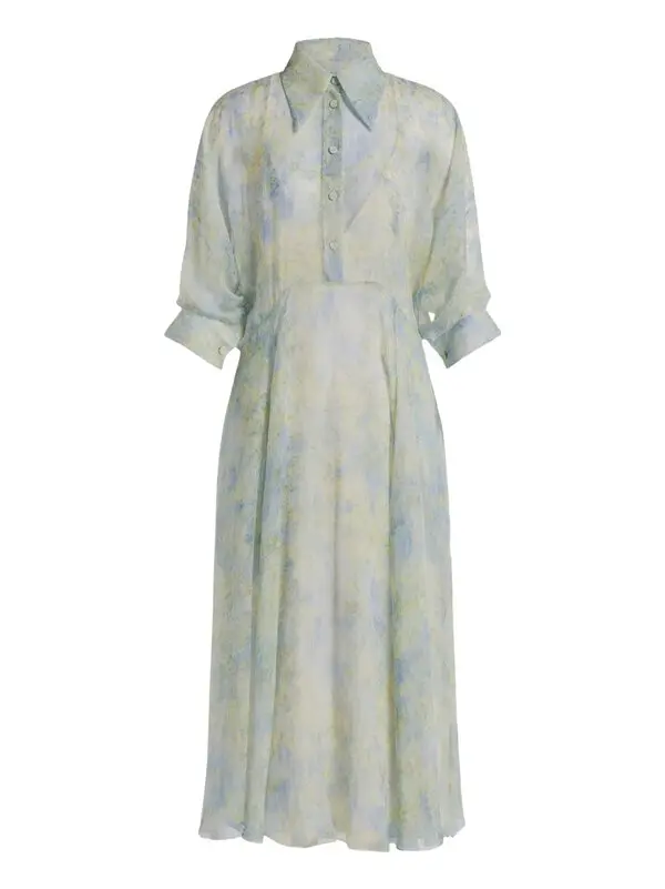 Alberta Ferretti Floral Print Chiffon Shirt Dress - Gray