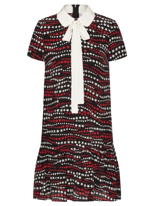 Red Valentino Star Printed Mini Dress With Collar And Tie - Black