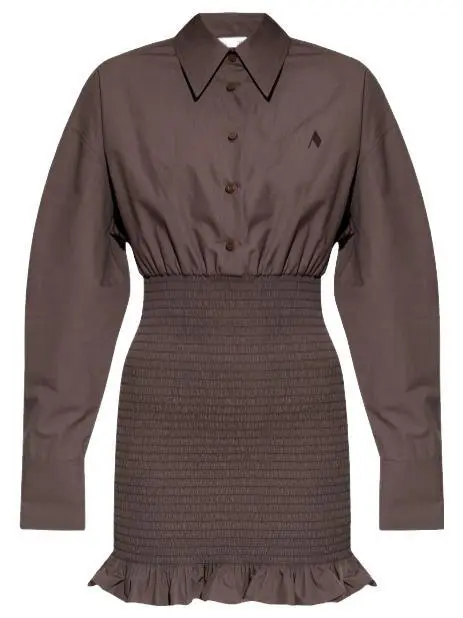 Attico Long Sleeve Shirt Dress With Ruffled Hem - Brown