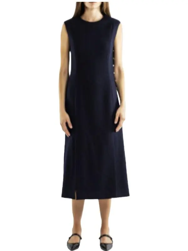 Thom Browne Wool Midi Dress With Round Neck And Front Slits - Black