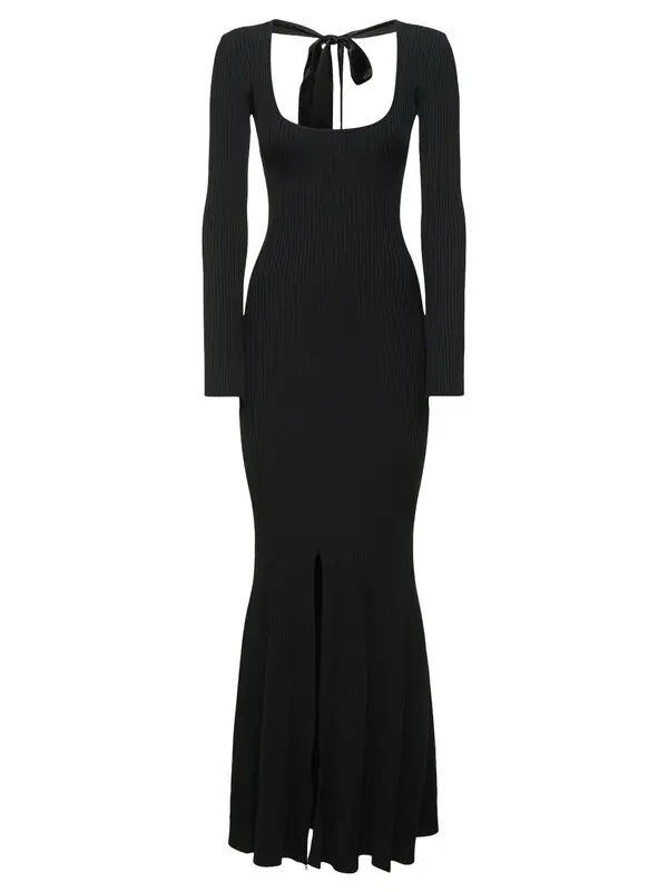 David Koma Ribbed Long Sleeve Bow Detail Maxi Dress - Black