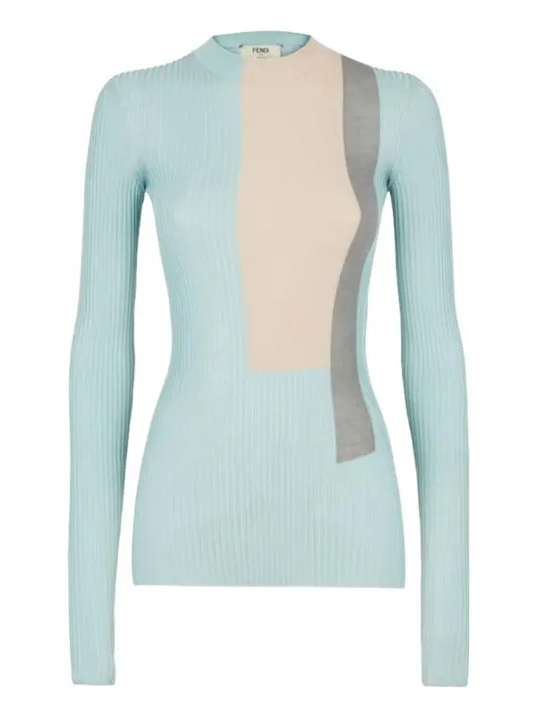 Fendi Color Blocked Ribbed Knit Top - Blue