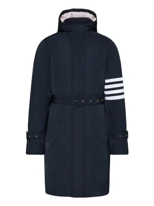 Thom Browne Belted Down Parka With Signature Stripes - Navy Blue