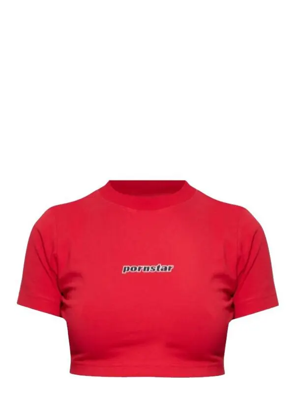 Vetements Logo Embroidered Cropped T-shirt - Red