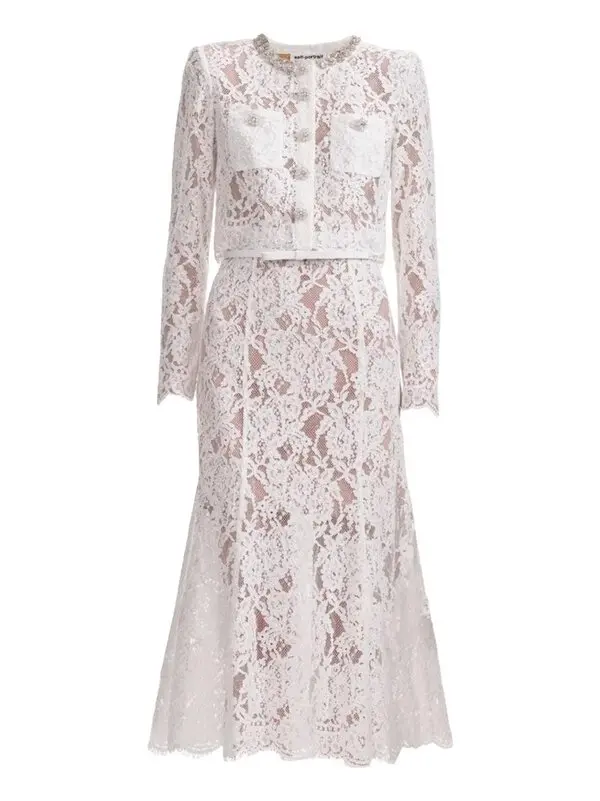 SELF-PORTRAIT Lace Embellished Midi Dress With Detachable Belt - White