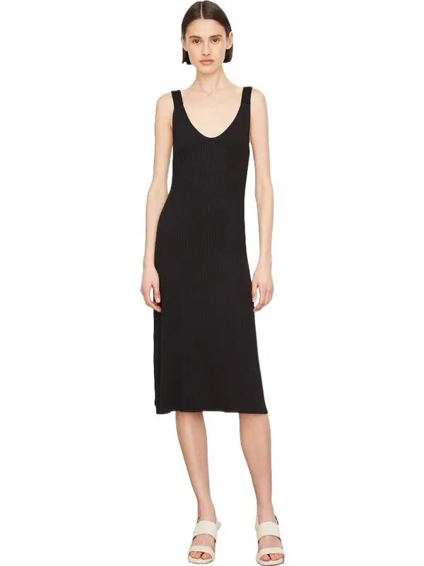 Vince Ribbed Knit V-neck Midi Dress - Black