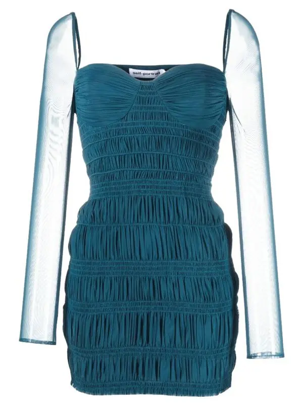 SELF-PORTRAIT Shirred Powermesh Mini Dress - No